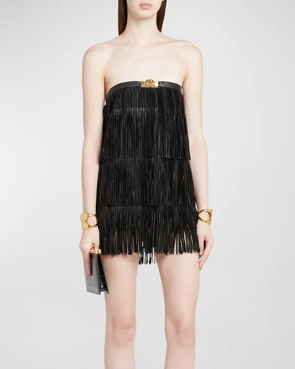 Tom Ford Tiered Pleated Leather Fringe Strapless Mini Cocktail