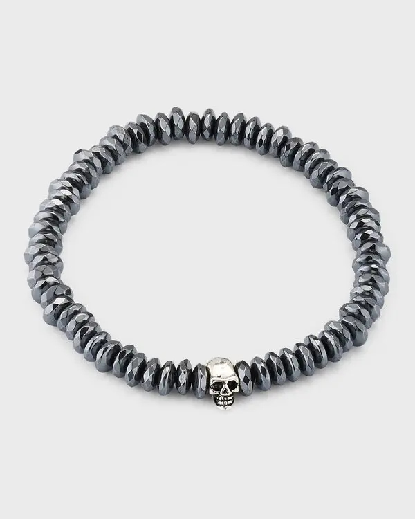 JAN LESLIE Hematite Beaded Bracelet With Skull Detail - Grey