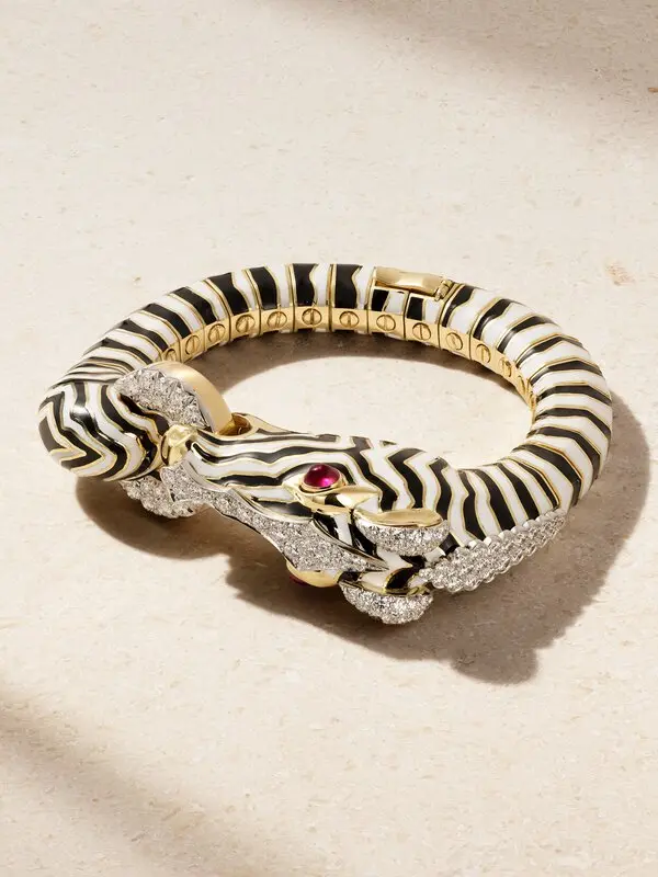 David Webb Zebra Diamond, Ruby, Enamel, 18-karat Gold And Platinum Bracelet