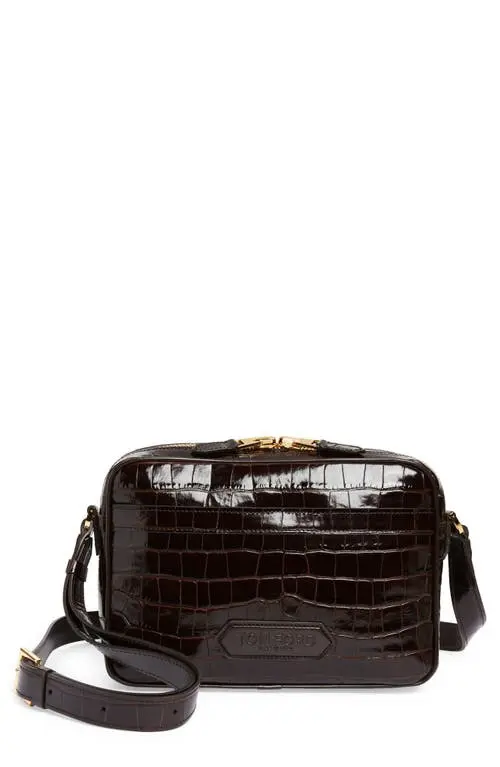 TOM FORD Croc-embossed Leather Messenger Bag - Dark Wood