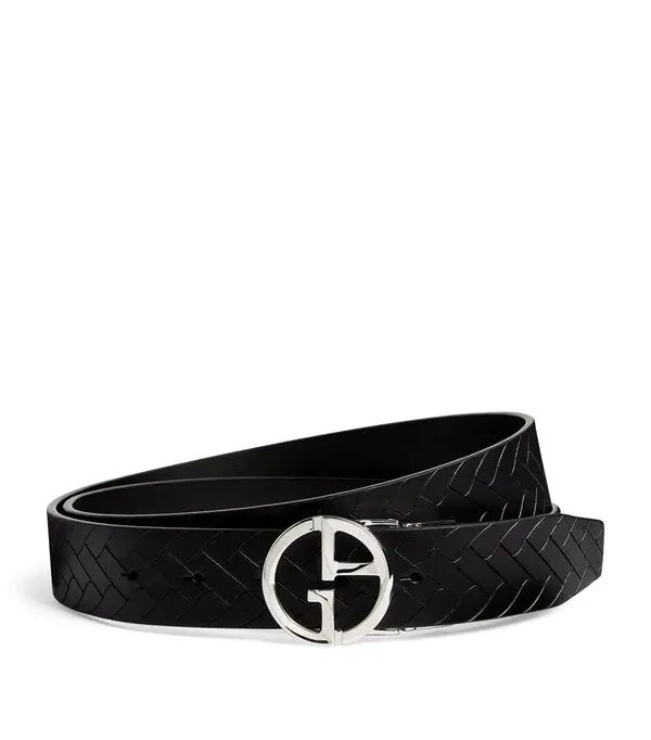 Giorgio Armani Leather Textured Logo Belt Black Editorialist