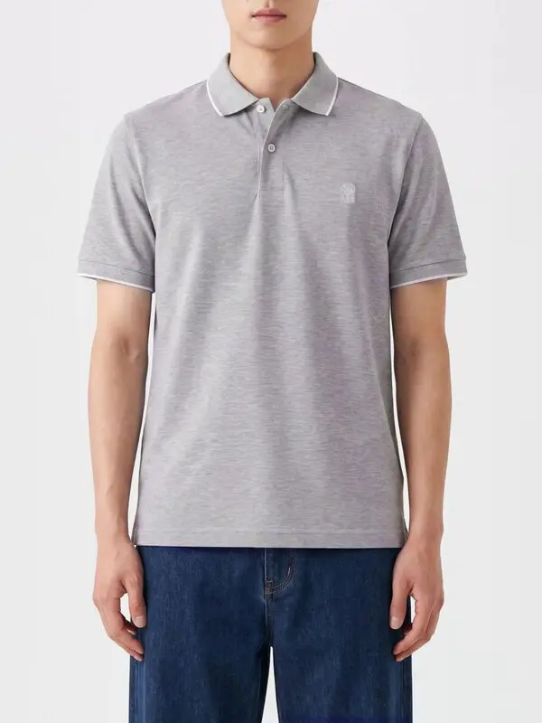 Brunello Cucinelli Short-sleeve Cotton Polo Shirt With Embroidered Crest - Grey
