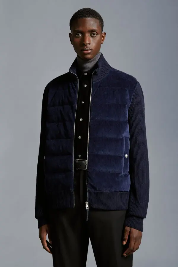Moncler Padded Wool & Velvet Cardigan - Blue | Editorialist