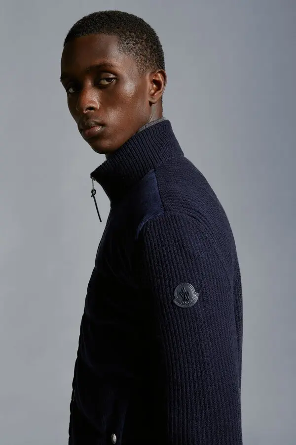 Moncler Padded Wool & Velvet Cardigan - Blue | Editorialist