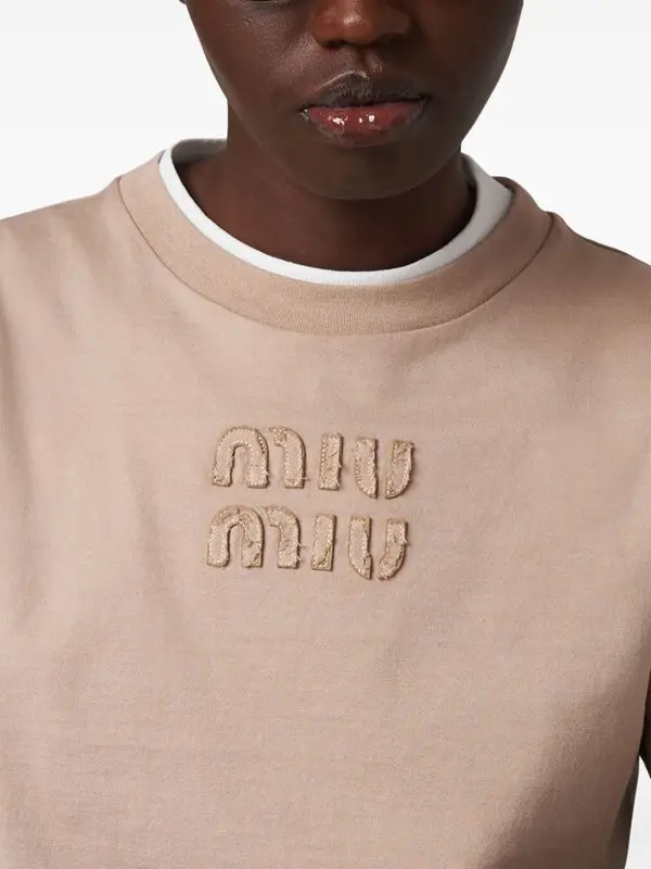 Miu Miu Logo-Embroidered T-Shirt - Neutrals | Editorialist