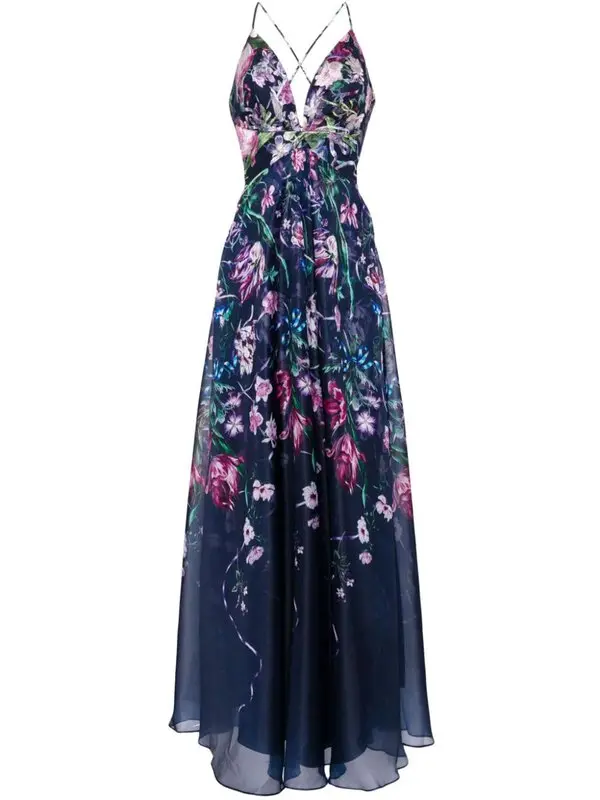 Marchesa Floral Print Chiffon Gown