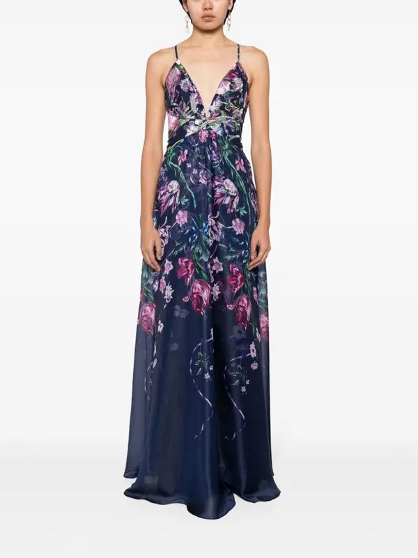 Marchesa Floral Print Chiffon Gown