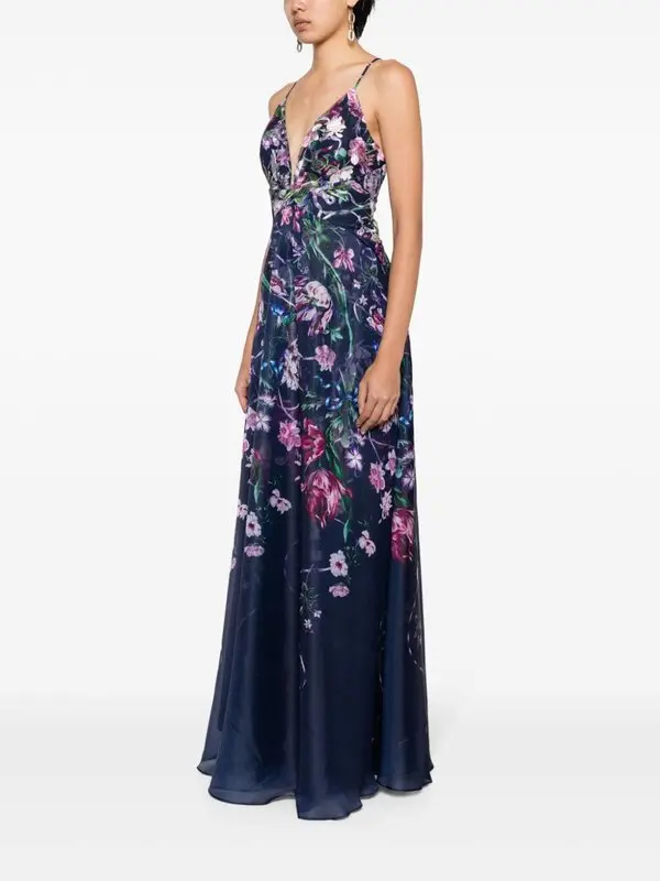 Marchesa Floral Print Chiffon Gown