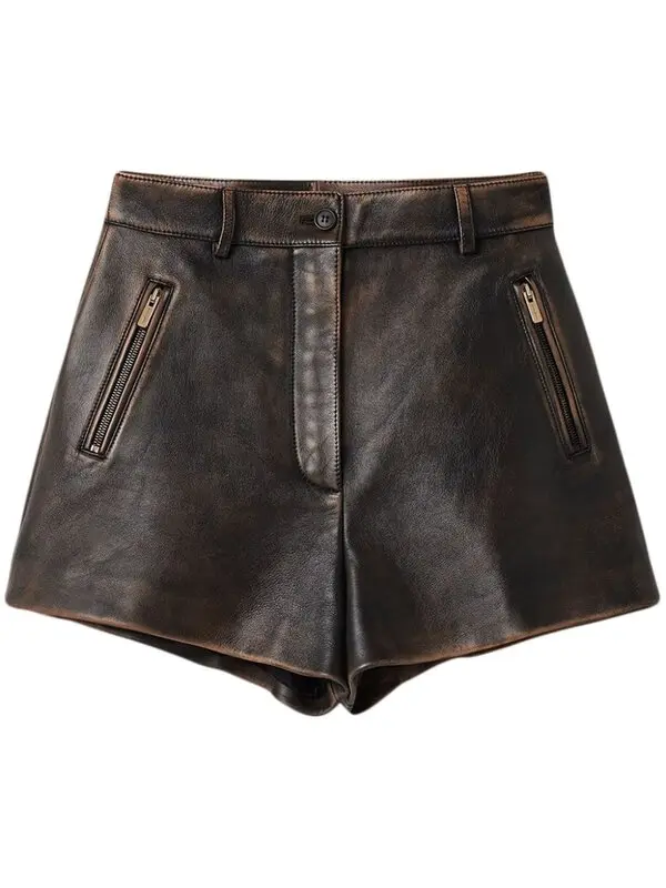 Miu Miu Distressed Leather Mini Shorts - Brown