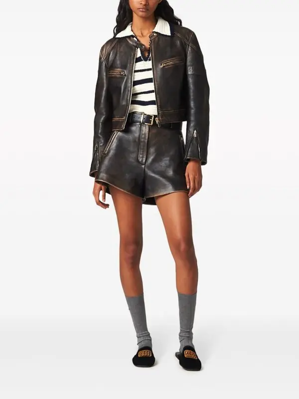 Miu Miu Distressed Leather Mini Shorts