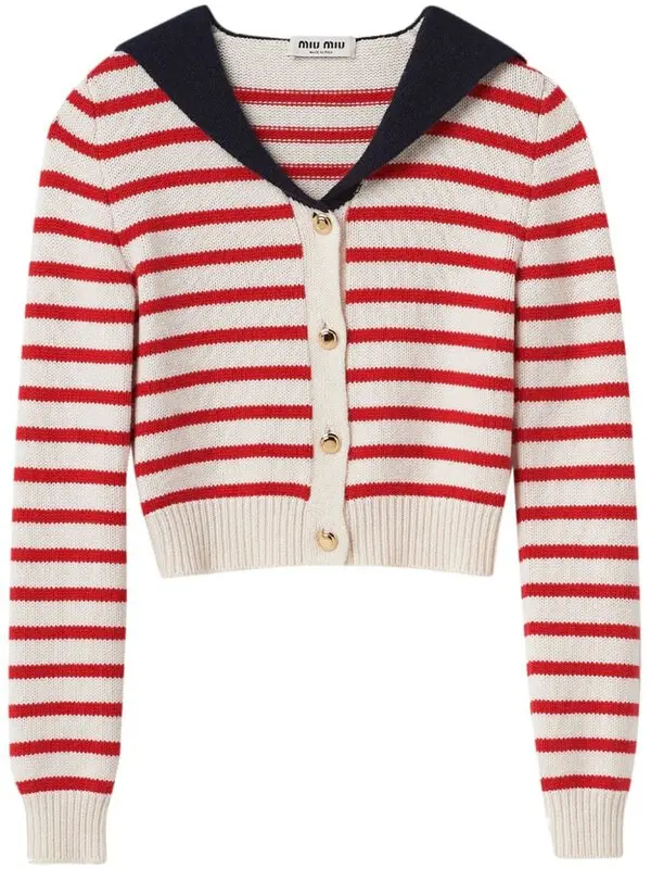 miu miu ストライプ ハート柄 カーディガン Miu Miu Striped Cashmere Cardigan - Neutrals | Editorialist