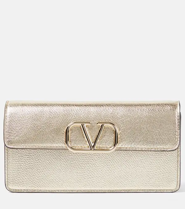 Valentino Garavani Vlogo Signature Small Leather Wallet On Chain - Gold