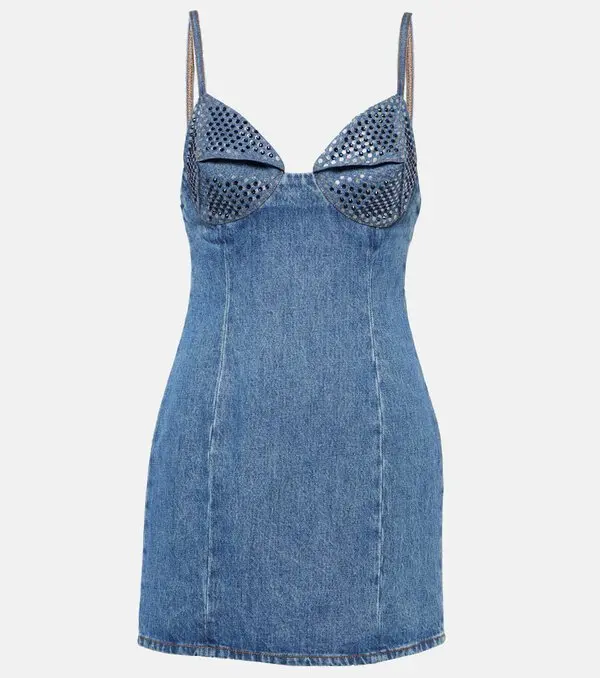 AREA Crystal-embellished Denim Mini Dress - Blue