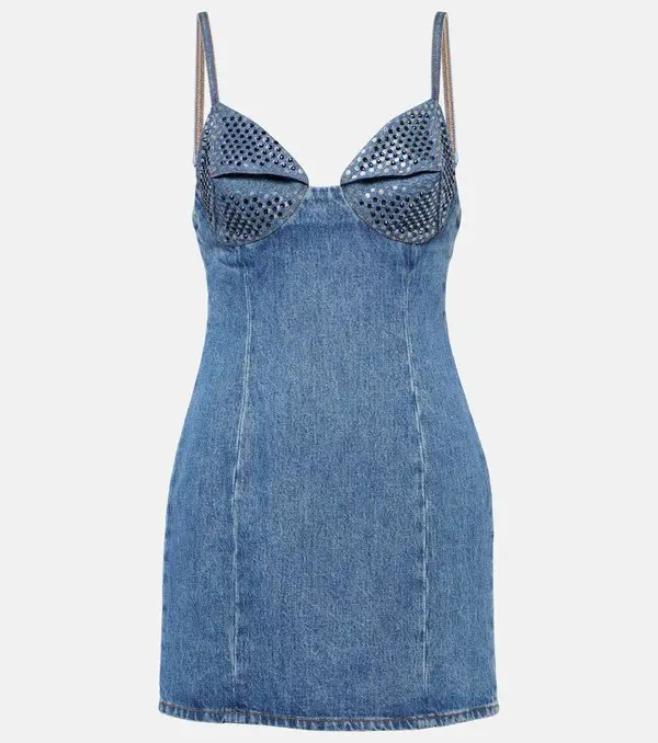 AREA Crystal-embellished Denim Mini Dress - Blue