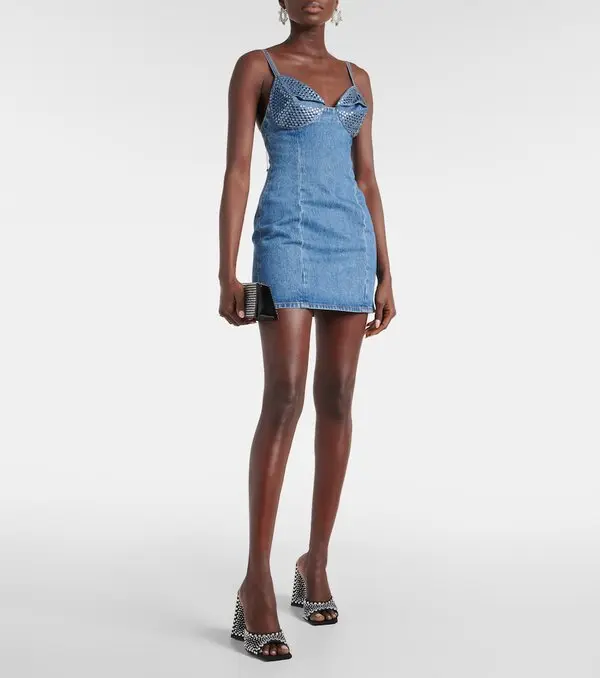 AREA Crystal-embellished Denim Mini Dress