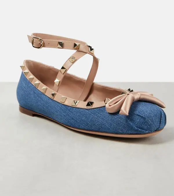 Valentino Garavani Rockstud Leather-trimmed Denim Ballet Flats - Blue
