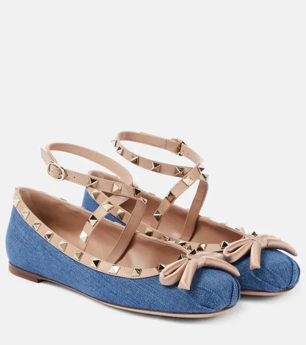 Valentino Garavani Rockstud Leather-trimmed Denim Ballet Flats - Blue
