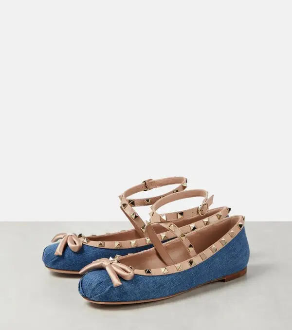 Valentino Garavani Rockstud Leather-trimmed Denim Ballet Flats - Blue