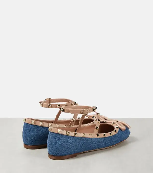 Valentino Garavani Rockstud Leather-trimmed Denim Ballet Flats - Blue