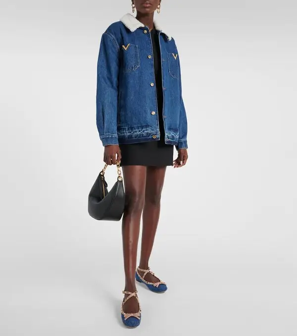 Valentino Garavani Rockstud Leather-trimmed Denim Ballet Flats - Blue