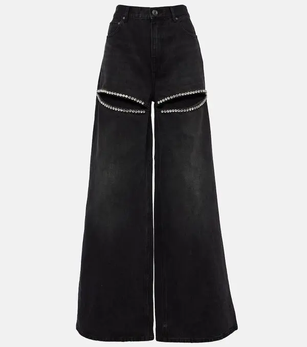 AREA Crystal-embellished Wide-leg Jeans - Black