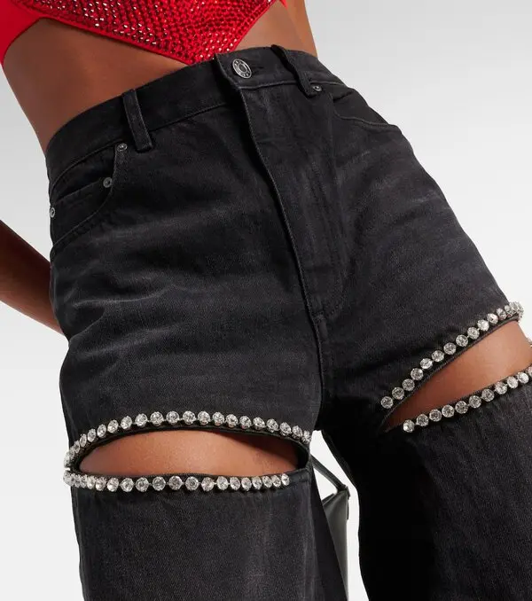AREA Crystal-embellished Wide-leg Jeans - Black