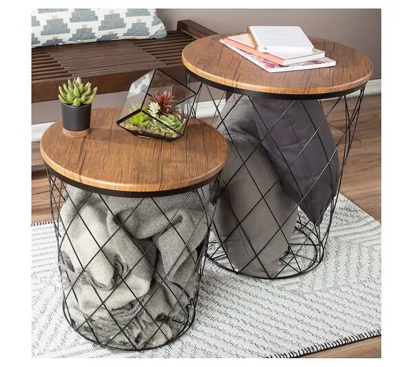LAVISH HOME 2 Nesting Tables With Diamond Patte Rn Wire Basket - One-color