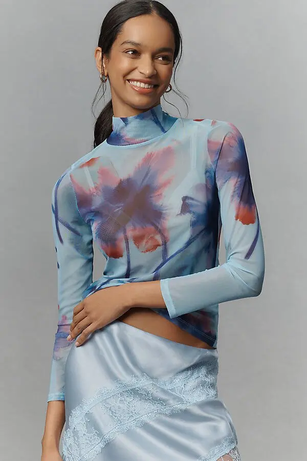 Anthropologie Mesh Turtleneck Top - Light Blue