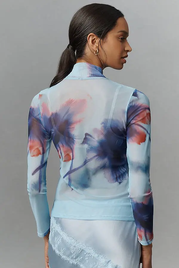 Anthropologie Mesh Turtleneck Top - Light Blue