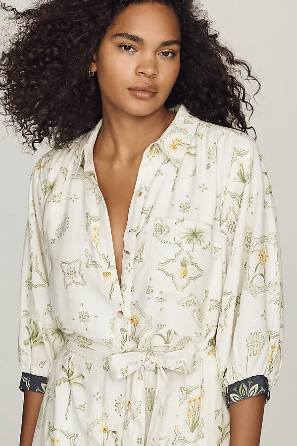 Maeve Mona Linen Maxi Shirtdress - Neutral Pattern