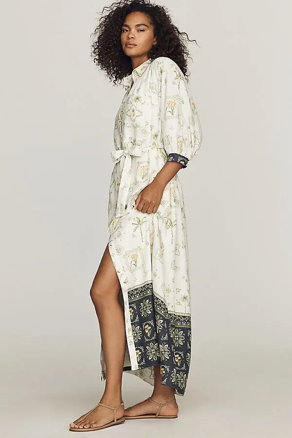 Maeve Mona Linen Maxi Shirtdress - Neutral Pattern