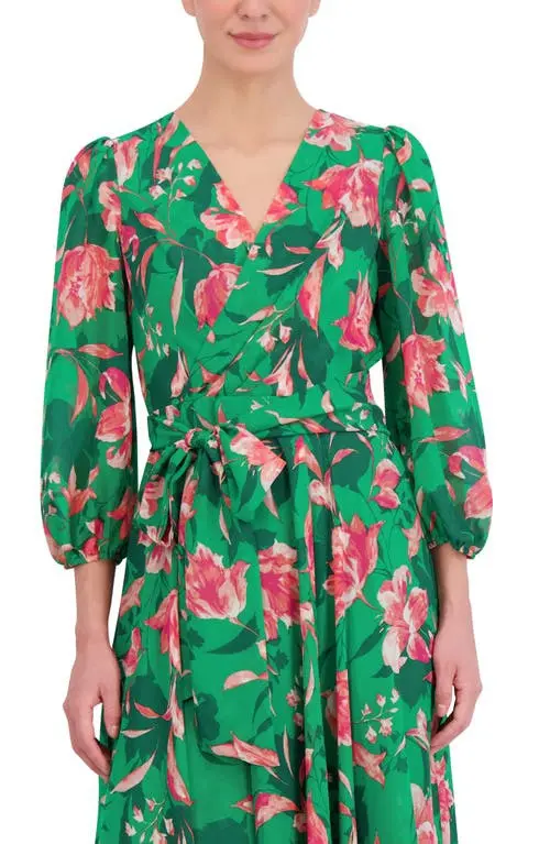 Eliza J Floral Balloon Sleeve Faux Wrap Midi Dress In Green - 75% Off |  Editorialist