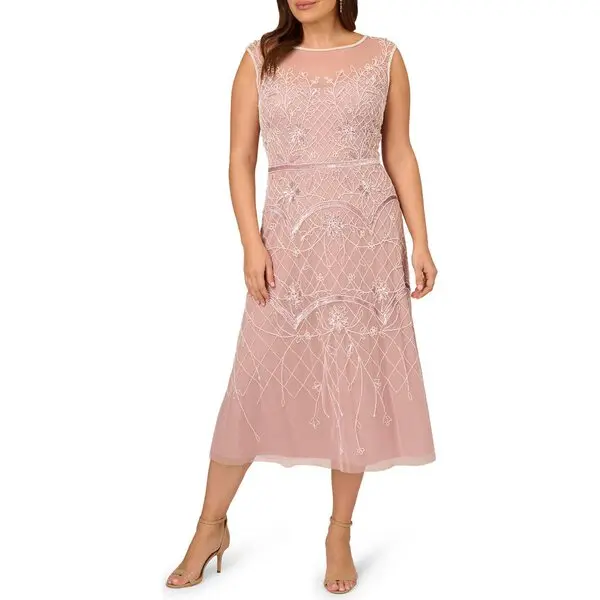Adrianna Papell Sequin Beaded Illusion Mesh Midi Dress In Dusted  Petal/Ivory - 61% Off | Editorialist