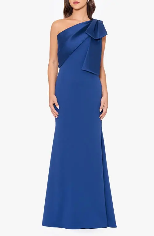 Betsy & Adam Satin Bow Crepe Mermaid Gown - Indigo