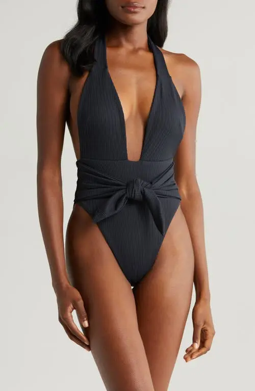 MONTCE Tropez Tie Waist Halter One-piece Swimsuit - Black Rib