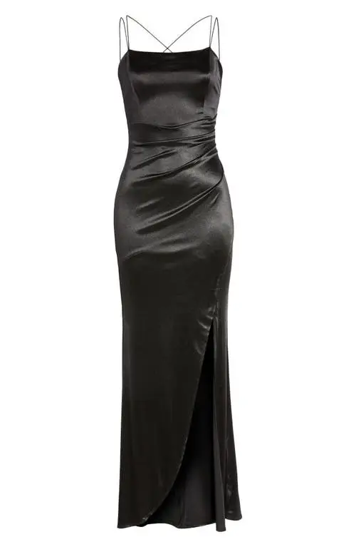Emerald Sundae Ruched Crossback Satin Gown - Black | Editorialist