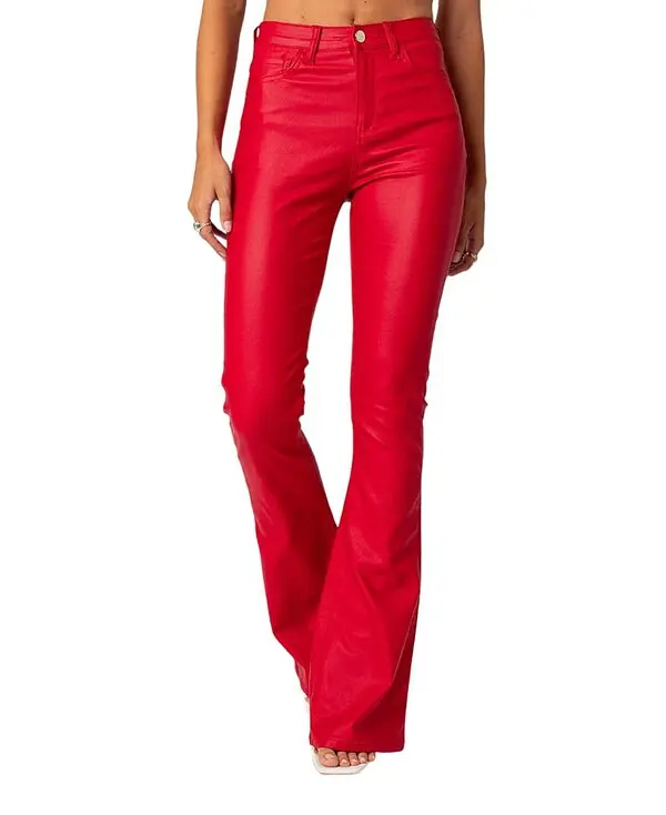 EDIKTED Luna Faux Leather Flare Jeans - Red