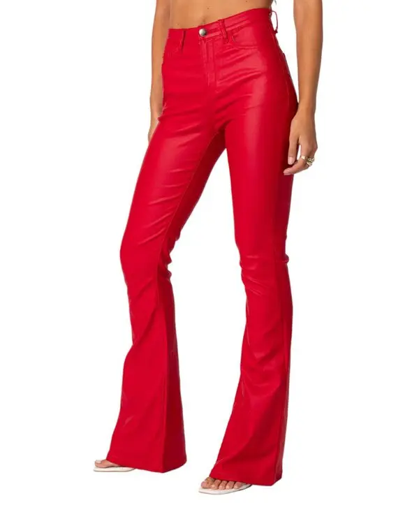 EDIKTED Luna Faux Leather Flare Jeans - Red
