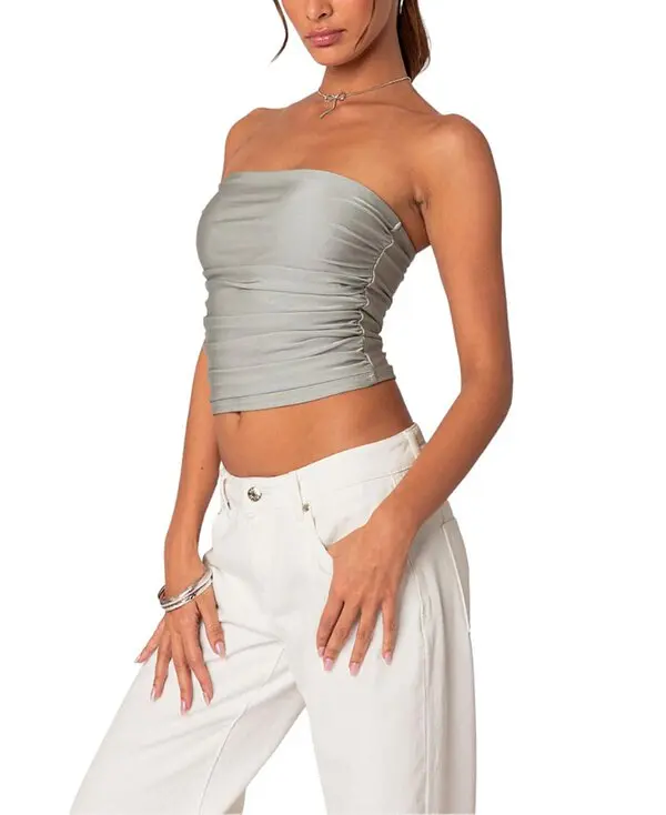 EDIKTED Maxeen Shiny Gathered Tube Top - Silver-tone