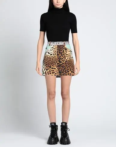 Just Cavalli Flared Denim Skirt With Leopard Print And Leather Trims