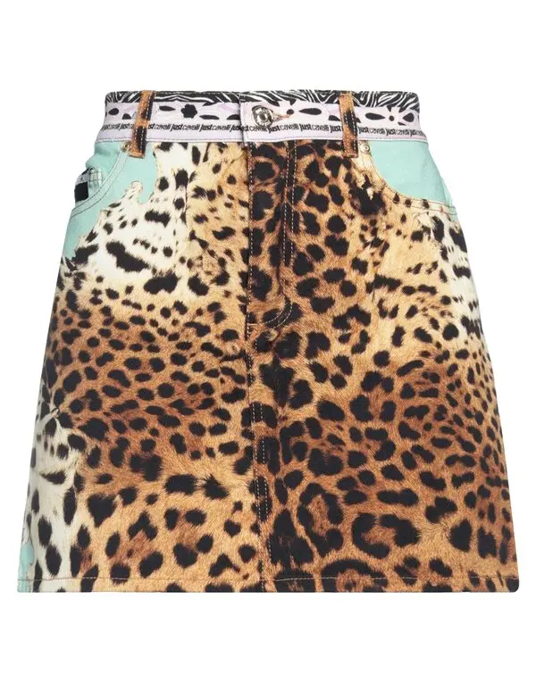 Just Cavalli Flared Denim Skirt With Leopard Print And Leather Trims