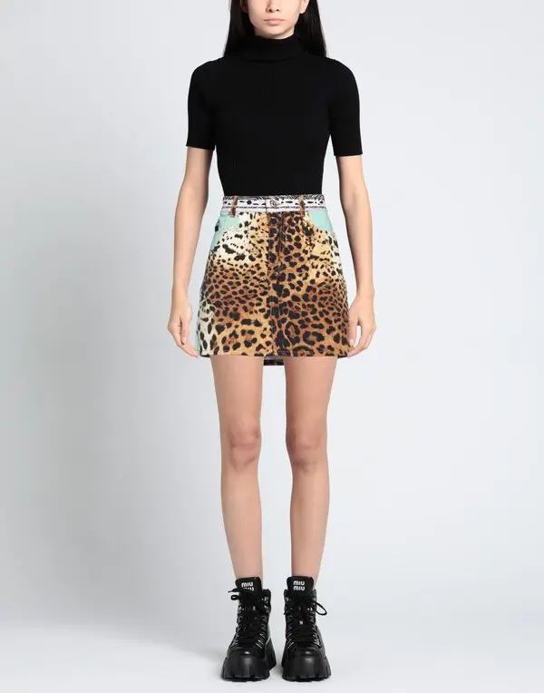 Just Cavalli Flared Denim Skirt With Leopard Print And Leather Trims