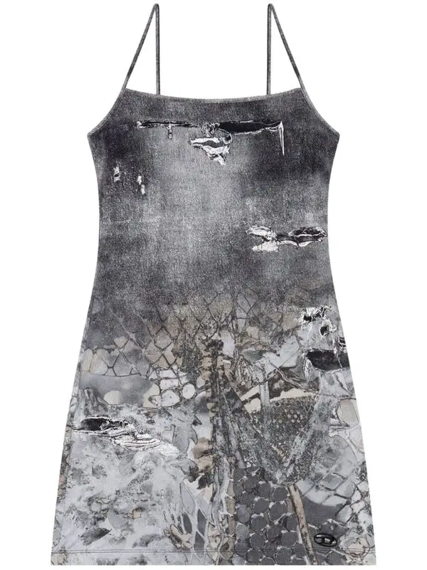 Diesel D-hoppyn Denim-print Minidress - Grey