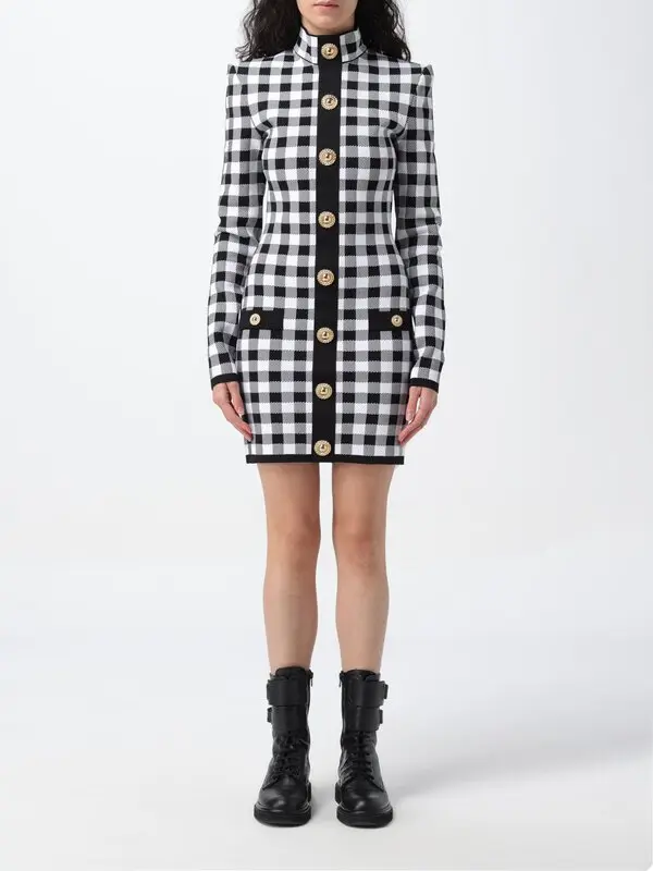 Balmain Gingham Check Knit Dress - White