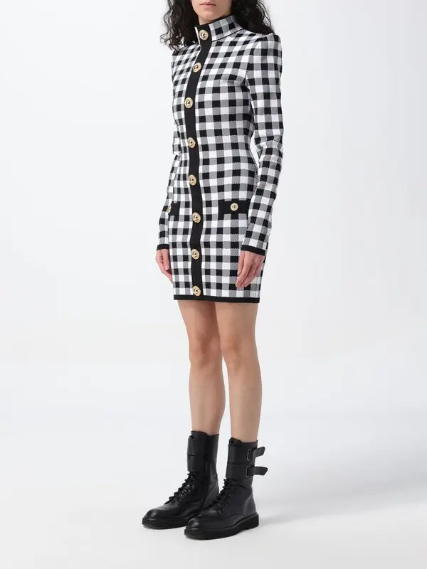 Balmain Gingham Check Knit Dress - White