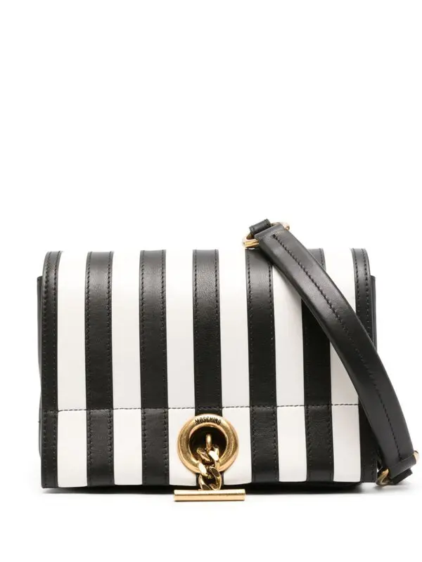 Moschino Striped Leather Shoulder Bag - Black