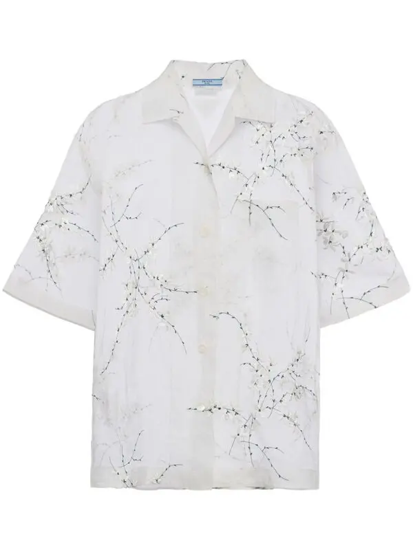 Prada Floral-embroidered Sheer Silk Shirt - White