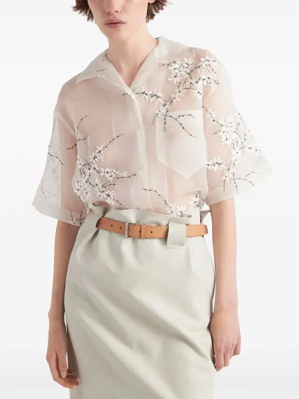 Prada Floral-embroidered Sheer Silk Shirt - White