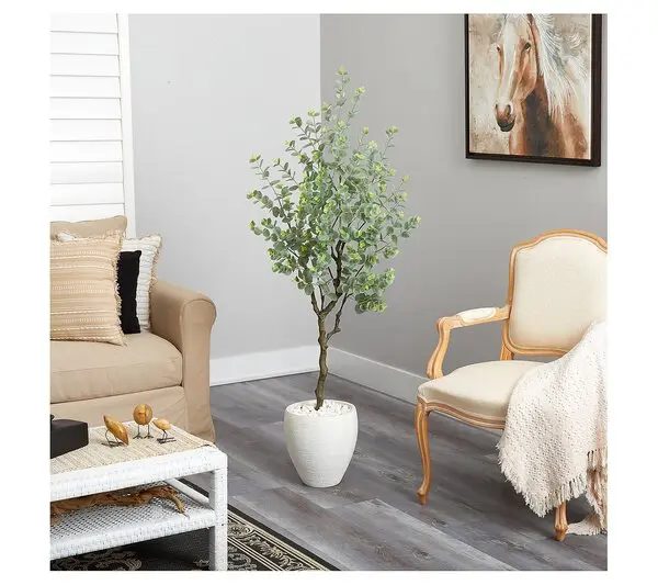 NEARLY NATURAL 63 Eucalyptus Faux Tree In White Planter