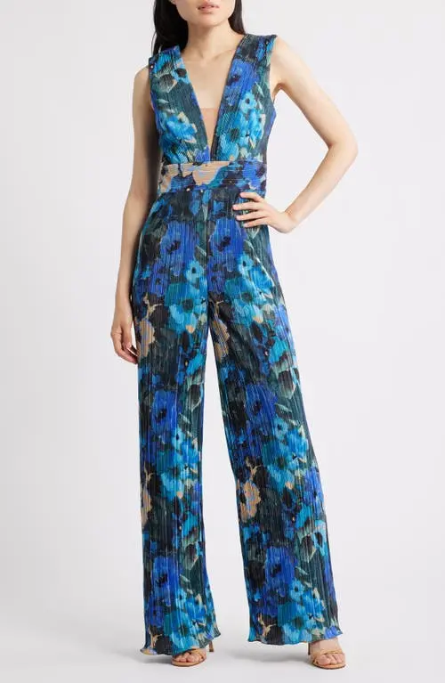 Dress The Population Hunter Floral Print Plissé Jumpsuit - Cobalt Multi
